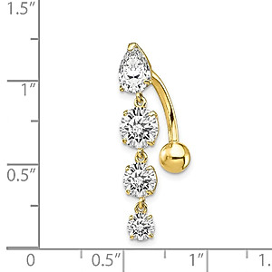 Solid 10k Yellow Gold Tops Down with 4 Dangle CZ Cubic Zirconia Belly Dangle (5mm x 28mm)