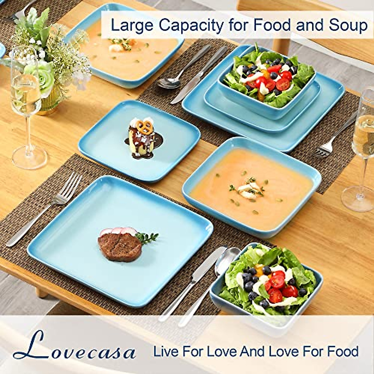 LOVECASA Square Dinnerware Sets for 4, 16 PCS Gradient Dishes Set,Stoneware Dinner Plates/Dessert Plates/Soup Plates/Cereal Bowls,Gradient Sky Blue