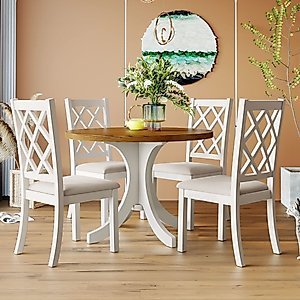 5-Piece Round Dining Table Set Solid Wood Kitchen Table and Chairs for 4, Mid-Century Modern Small Breakfast Table Set with 4 Upholstered Dining Chairs, Walnut Table+Beige Chair