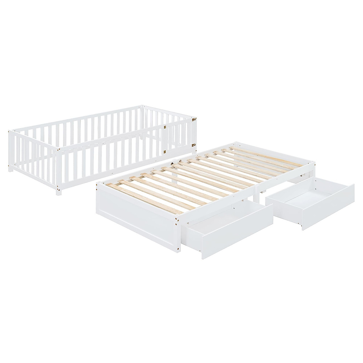 Twin Bed Frame with Rails and Storage Drawers, Can Be Divided into A Twin Size Floor Bed with Fence and A Daybed with 2 Drawers, Wood Montessori Beds for Kids Boys Girls Teens, White