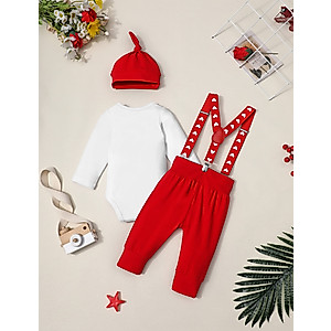 Dearnow Baby Boy Valentines Day Outfit 6-9 months My First Valentines Day Long Sleeve Romper+Suspender Pants+Hat 3Pcs Spring Outfit valentines baby boy outfit