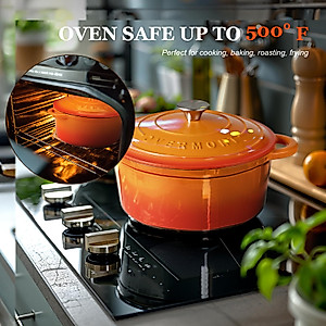 Overmont Enameled Cast Iron Dutch Oven - 5.5QT Pot with Lid Cookbook & Cotton Potholders - Heavy-Duty Cookware for Braising, Stews, Roasting, Bread Baking orange