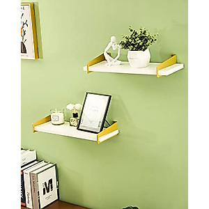 Firsttry Floating Shelves ,Gold Metal Brackets White Rustic Wood Wall Storage Shelf , Photo Display Ledges,for Bathroom, Living Room, Bedroom, Kitchen, Office, Bookshelf。