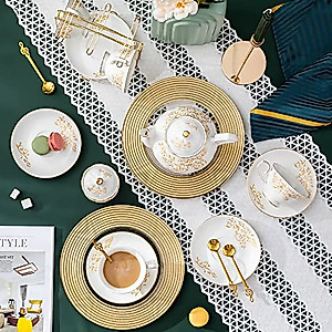 Daveinmic 22-Pieces Porcelain Tea Set, Cups& Saucer Service for 6, with Spoons,Teapot,Sugar Bowl,Creamer Pitcher and Golden Metal Rack,China Tea Gift Sets for Home&Party