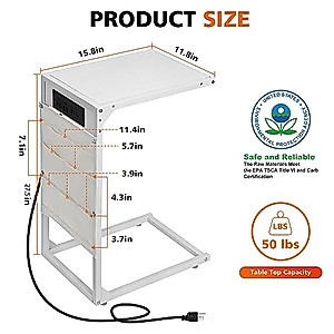 Set of 2 C Shaped End Table with Charging Station, Snack Side Table, C Tables for Couch, Couch Tables That Slide Under, for Living Room, Bedroom, White