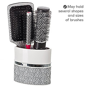 Creative Scents 4 Piece Bathroom Accessory Set - Bathroom Decor Set Accessories Includes: Liquid Soap Dispenser, Bar Soap Dish, Toothbrush Holder and Tumbler - Mirror Damask Style (White and Gray)