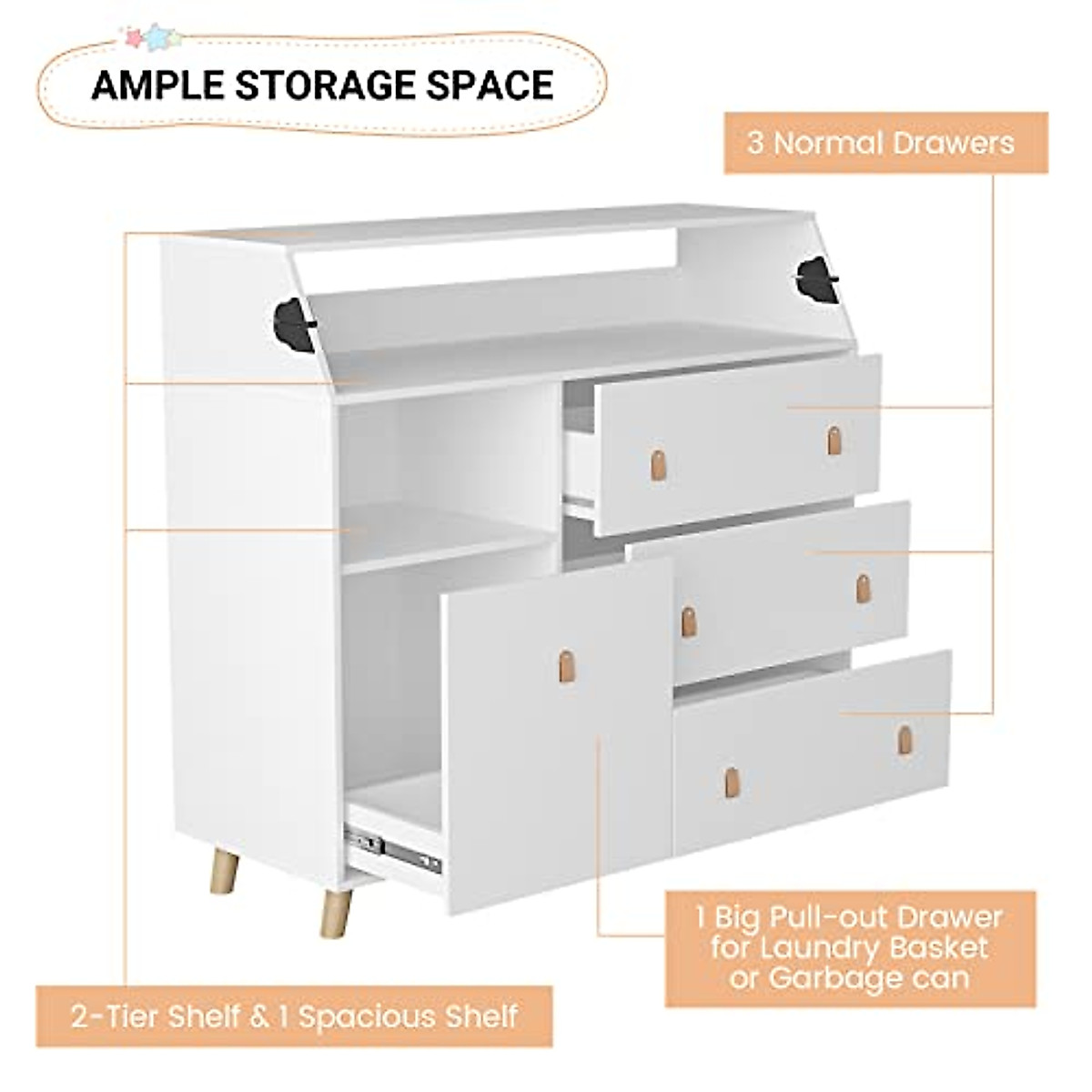 DAWNSPACES 45 Inch Baby Changing Table Dresser, 2 in 1 Convertible Nursery Dresser Chest for Infants with 4 Drawers & Shelf, Storage Changing Station Dresser, White