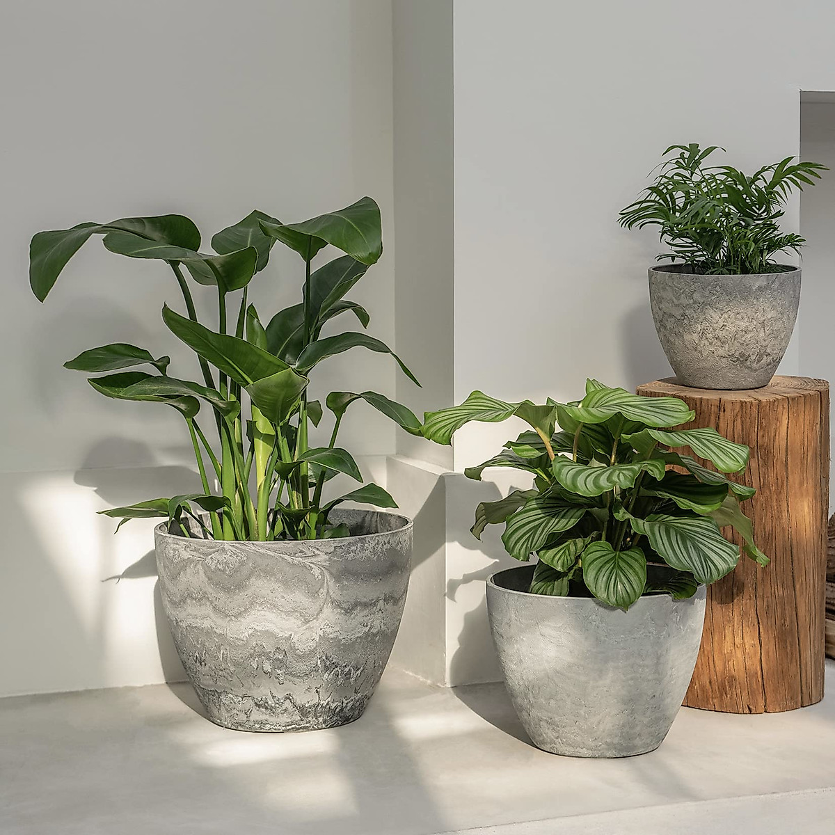 LA JOLIE MUSE 14.2/11.3/8.6 Inch Round Planter,Indoor/Outdoor Large Planters Set of 3,Grey Plant Container with Drain Holes,Tree Flower Plant Pots for Patio and Deck