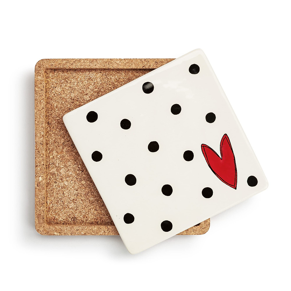 Demdaco Dots and Heart Glossy White 7.5 inch Stoneware Cork Base Trivet