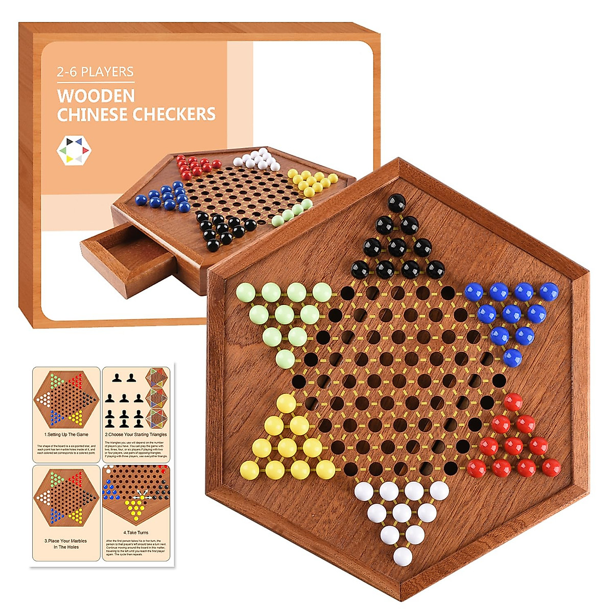 12.7 Inches Wooden Chinese Checkers with Drawers 12 Bonus Spare Marbles| Natural Wooden Board Game| includes 60 Colorful Glass Marbles | Family Board Game for Kids and Adults