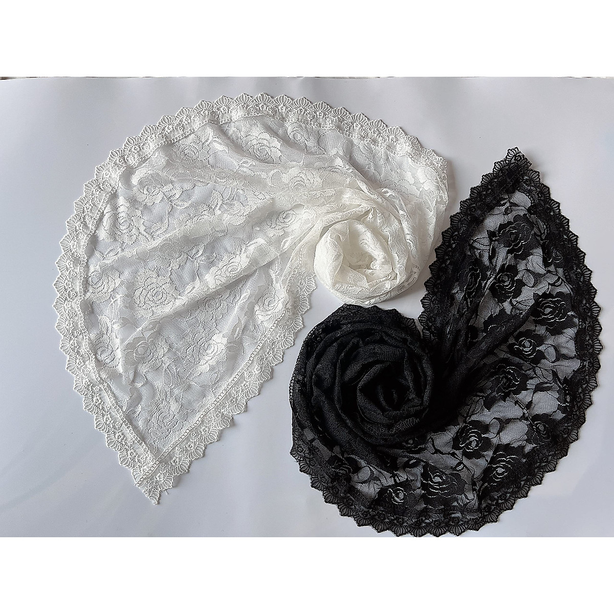 Grettytling Lace Mantilla Veil Soft and comfortable 7 Colors Spanish Style Rose Lace Veil Head Covering D Shape ， 2pcs Black&white