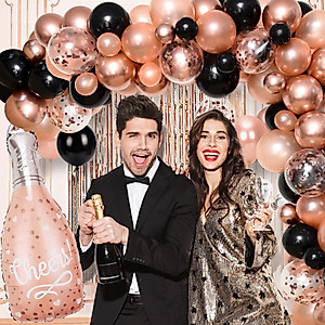 Winrayk Black Rose Gold Birthday Party Decorations for Women Girls, Rose Gold and Black Balloons Garland Arch Kit & Backdrop Tablecloth Champagne Star Love Foil Balloon, Rose Gold Birthday Decorations