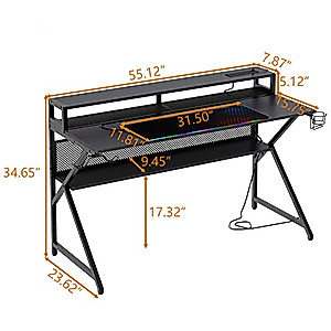 Loomie Computer Desk 55" W with LED Strip and Power Outlets, Gaming Desk with RGB Big Mouse Mat,Ergonomic K Shaped Gamer Desk with Monitor Stand and with Cable Management Mesh Bag,Black