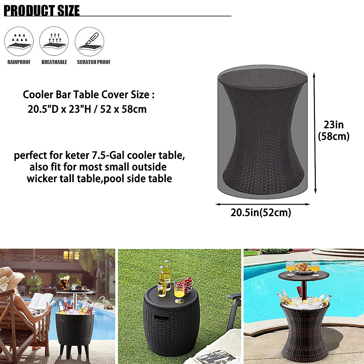 POMER Patio Cooler Bar Table Cover for Keter 7.5-Gal Cool Bar Table, Outdoor Round Side End Table Cover Waterproof Beer Cooler Table Cover - 21" D X 23" H