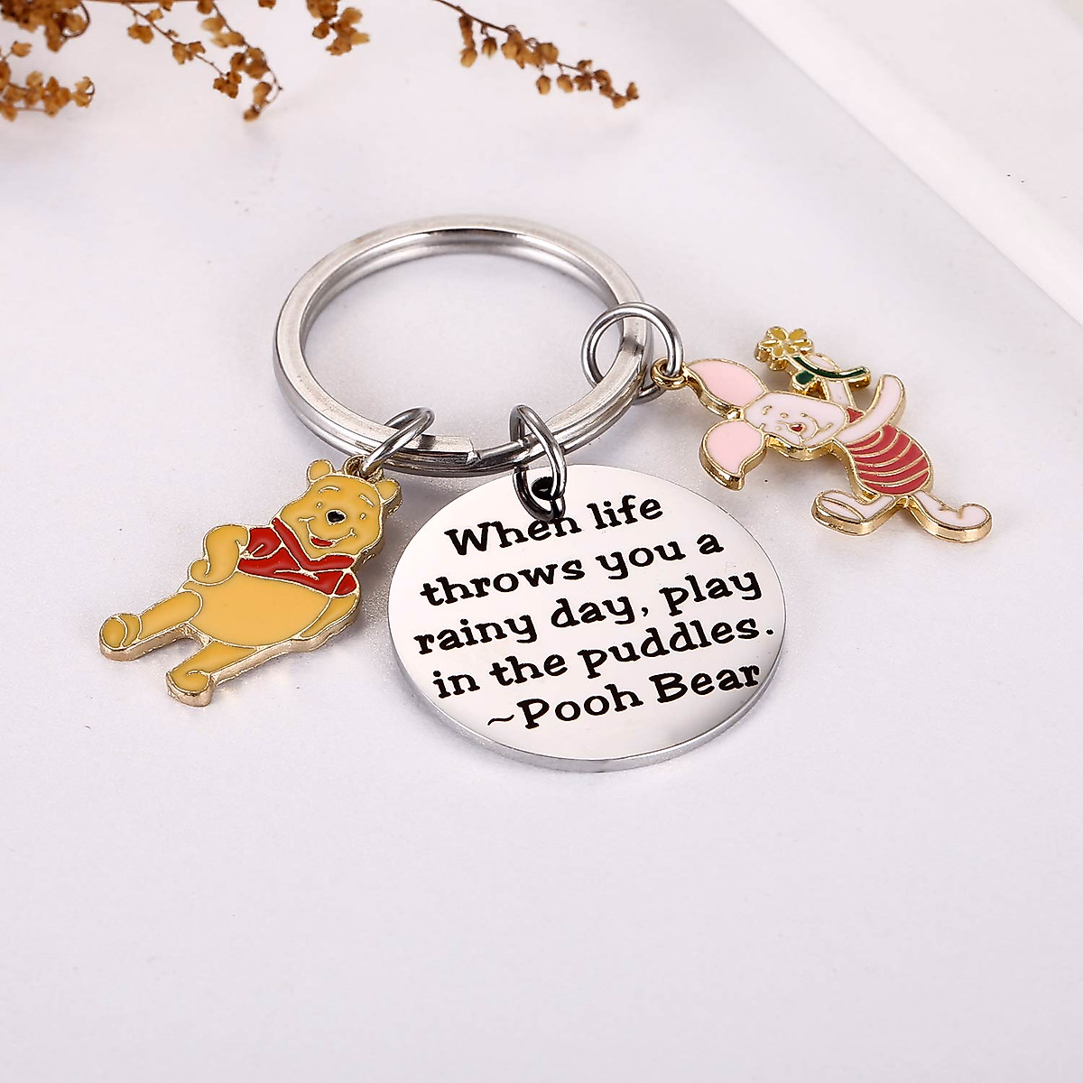 Pooh Bear Piglet Keychain Decor Party Suppiles - When Life Throws You a Rainy Day, Play in The Puddles Inspirational Gifts