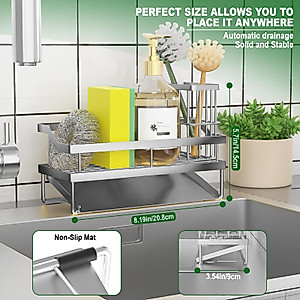 Youfala Kitchen Sink Caddy Sponge Holder for Kitchen Sink, Kitchen Sink Organzier and Storage with High Brush Holder, Rustproof 304 Stainless Kitchen Gadgets Dish Sponge Organizer (Lacquer Silver)