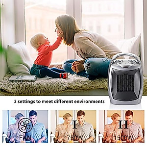 Portable Small Electric Space Heater with Thermostat,1500W/750W Ceramic MIni Heater for Indoor Use,Fast Heating,Desk Heater Fan with 3 Heat Settings,Built-in Overheat & Tip-Over Protection (Silver)