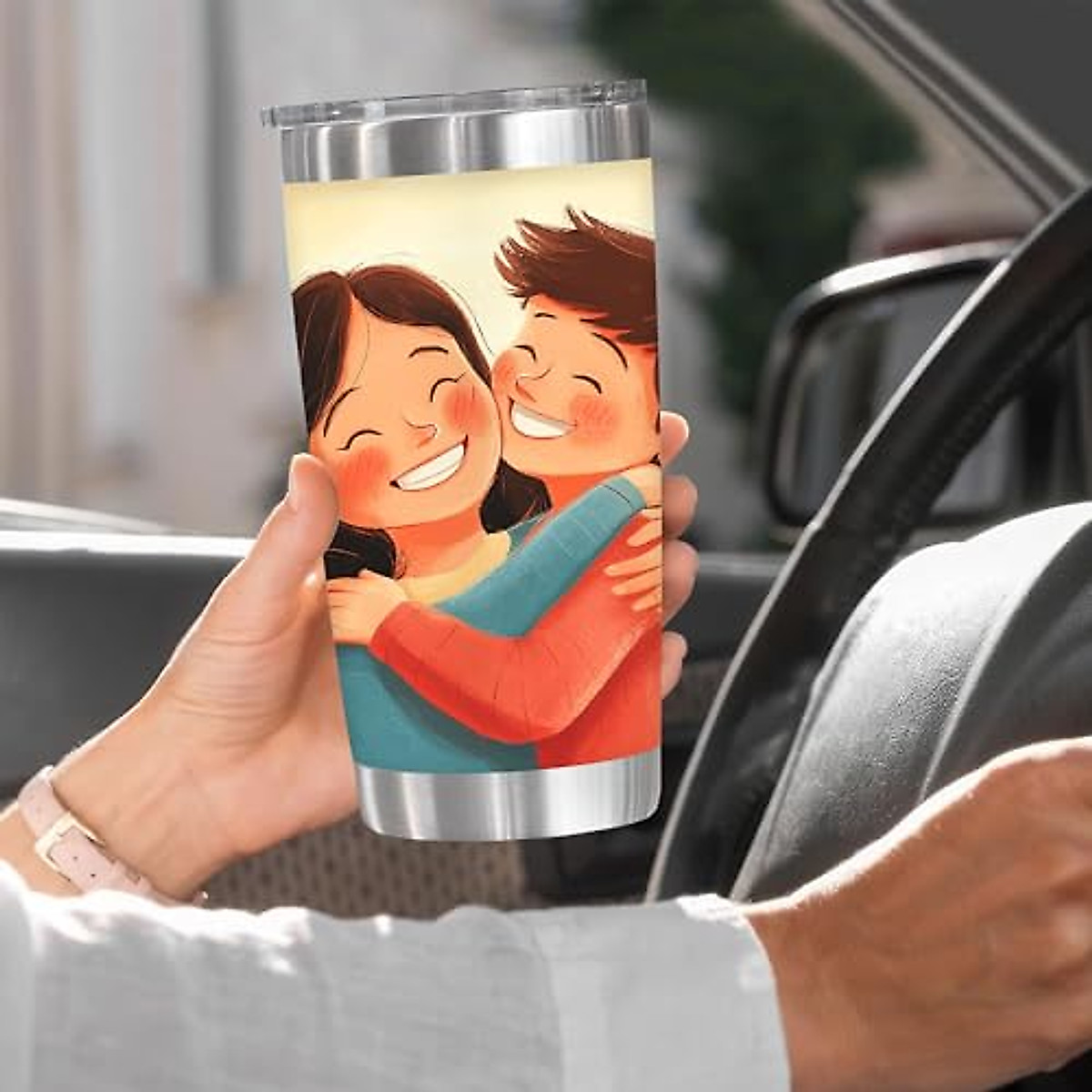 FOCIUZTA 20oz Adorable Couple Hugging Tumbler with lid, Travel Coffee Cup, Ideal for Easter, Mother Day, and birthday gifts