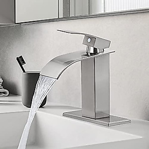 DJS Waterfall Single Handle Modern Bathroom Faucet, Brushed Nickel, 1 or 3 Hole Bathroom Sink Faucet Mixer Tap Washbasin, Faucet with Deck, Pop-up Drain and Supply Hoses
