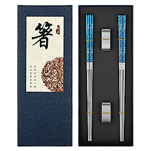 FOFAYU Metal Chopsticks Reusable 2 Pairs Titanium Plated Stainless Steel Chopsticks with Holder, Dishwasher Safe Non-Slip Japanese Style Chop Sticks Gift Set (Blue Silver)