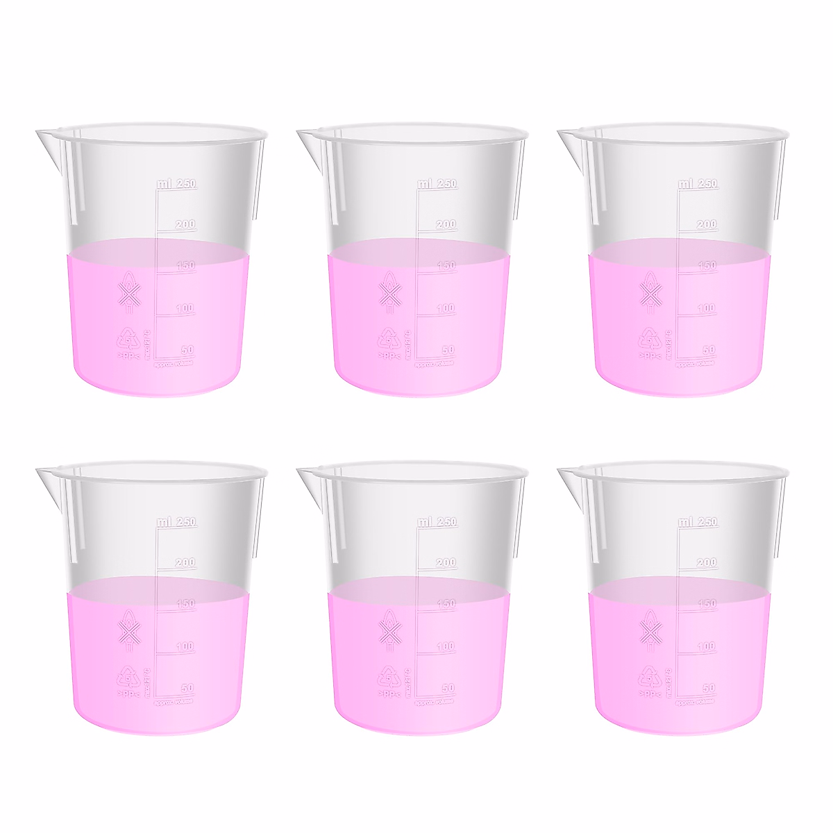 Labvida 6pcs of Stackable Plastic Beakers, Vol.250ml, PP Material, with Molded Graduation, LVB002