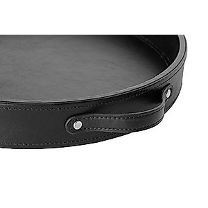 HofferRuffer PU Leather Round Tray, Serving Tray with Handles, Decorative Catchall Vanity Tray, Coffee Tray, Faux Leather Ottoman Tray for Home Or Office, Diameter 14.6-inch (Black)