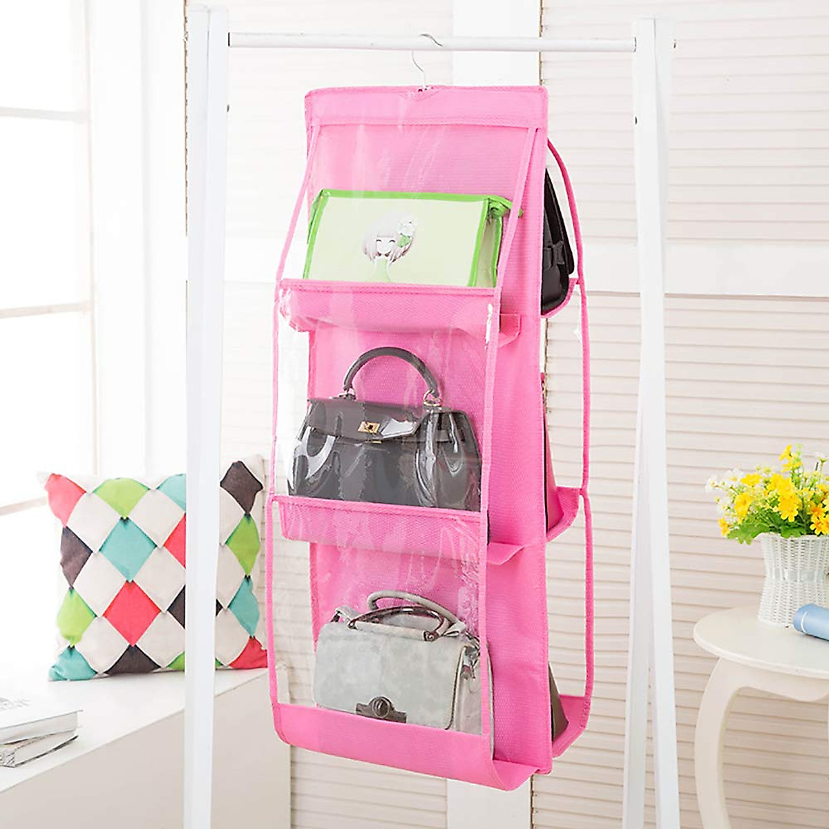 Luck Dawn Hanging Handbag Purse Organizer - Transparent Dust-Proof Wardrobe Closet Storage Bag for Clutch with 6 Larger Pockets (Pink)