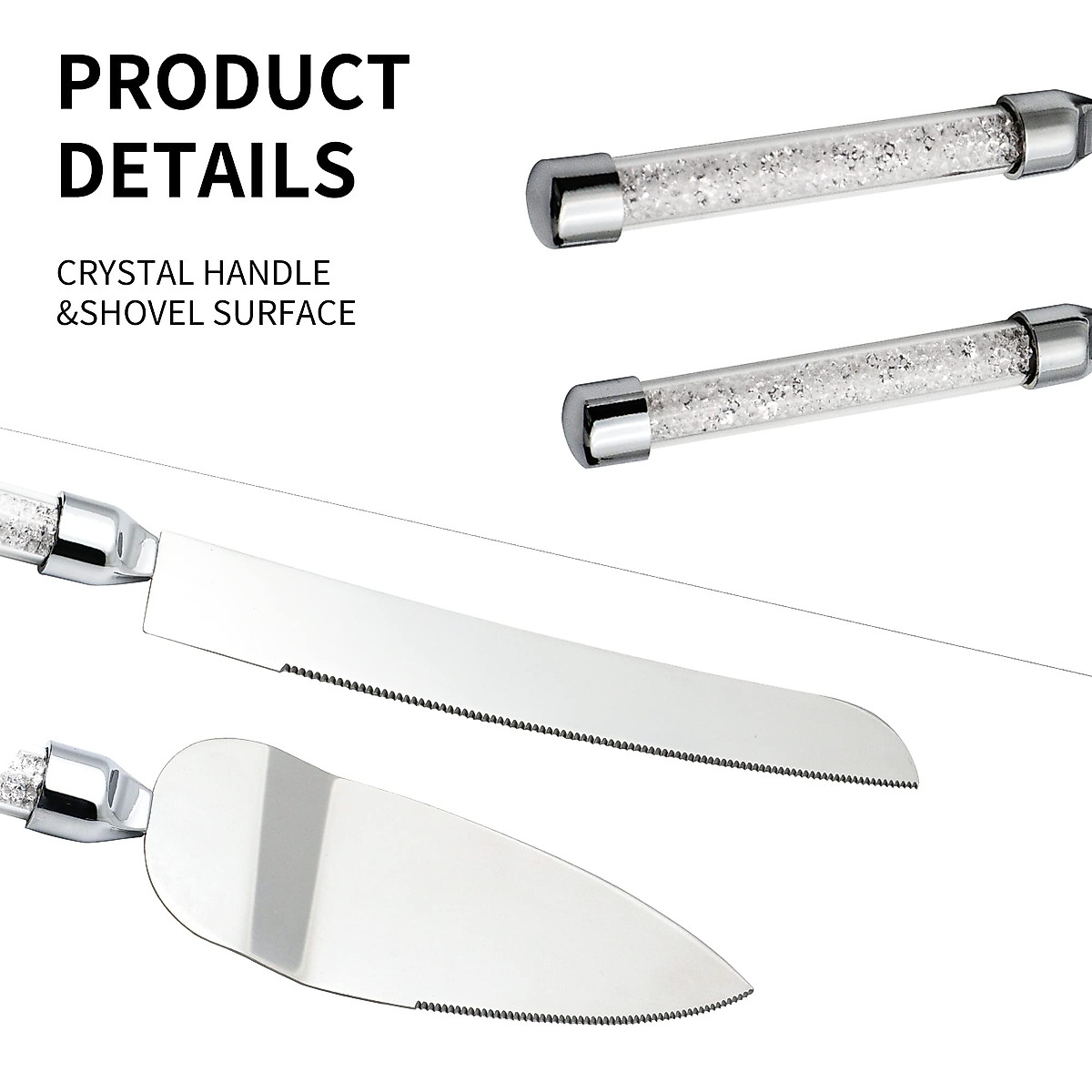 4 Piece Champagne Flutes and Cake Knife Server Set, Bride and Groom Toasting Flutes with Cake Cutting Set, Diamond Champagne Glasses Set for Wedding Reception Anniversary Party House Warming, Silver