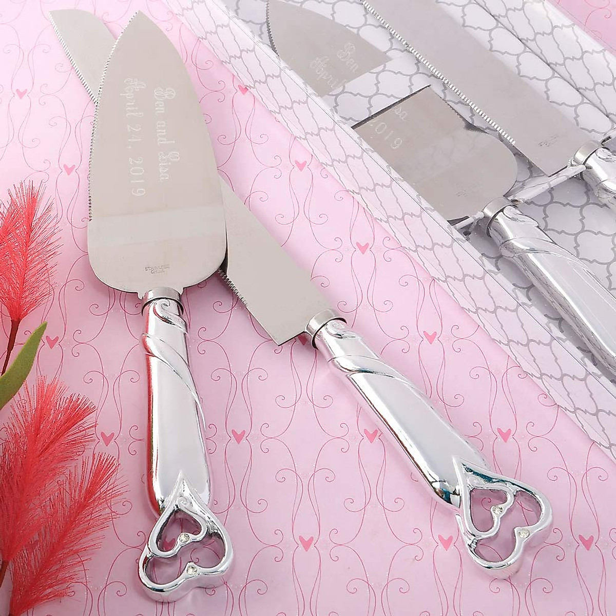 Gifts Infinity® Personalized Wedding Interlock Silver Cake Knife and Server Set Free Engraving (2541) - Valentine's Day Gift