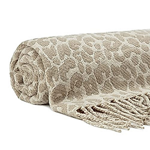 Chanasya Super Soft Leopard Print Acrylic Throw Blanket with Tassels - Lightweight Modern and Shabby Chic Woven Blanket for Bed, Sofa, Chair, Living Room, and Bedroom Decor (50x65 Inches) Beige