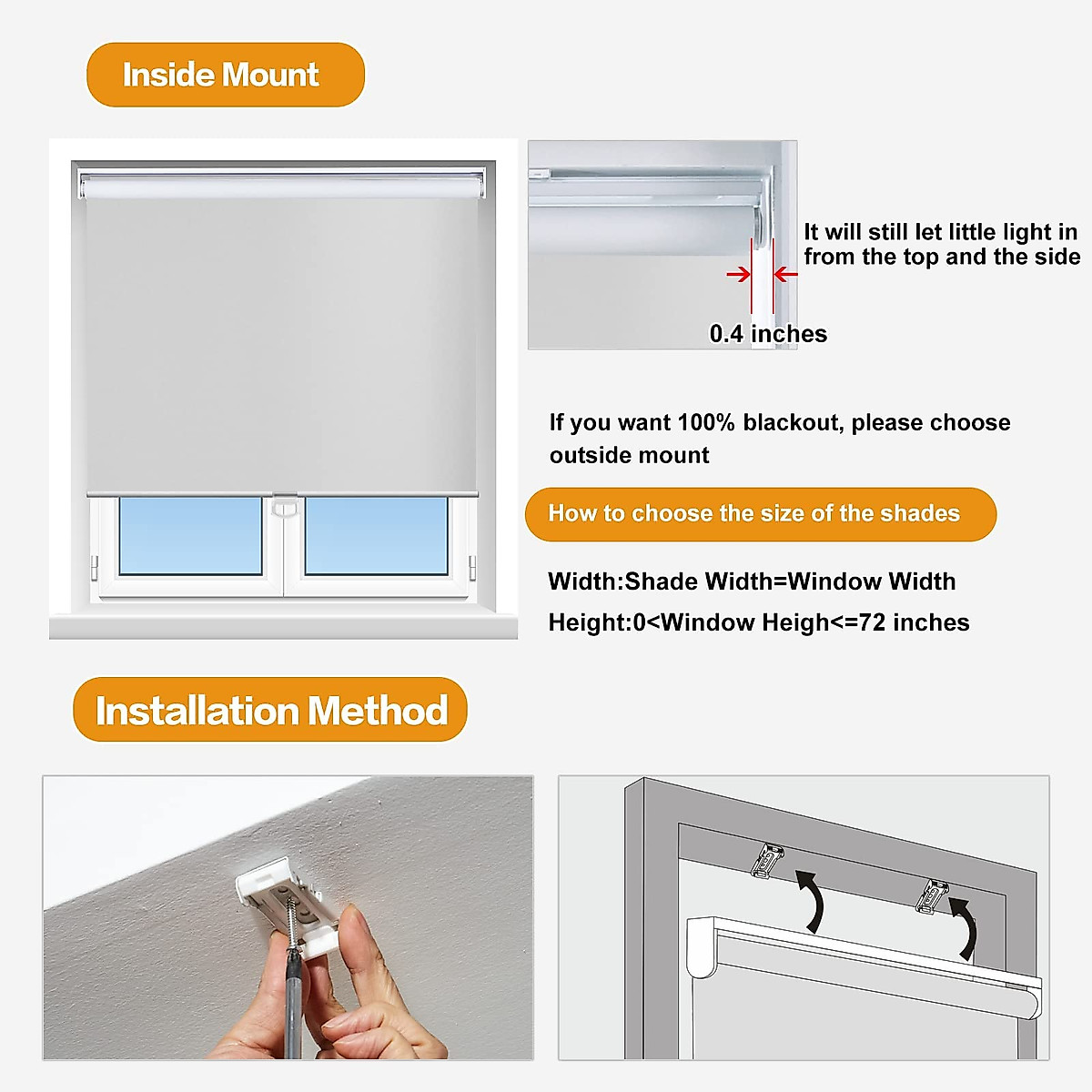 Persilux Roller Window Shades Cordless Window Blinds (37" W x 72" H, Light Grey) 100% Blackout Roller Shades UV Protection Energy Saving Shades for Home, Bedroom and Office, Easy to Install