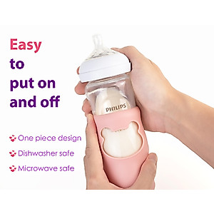 100% Silicone Baby Bottle Sleeves for Philips Avent Natural Glass Baby Bottles, Premium Food Grade Silicone Bottle Cover, Cute Bear Design, 8oz, Pack of 2 (Pink and Purple)