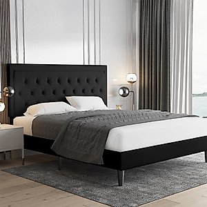 Allewie Full Size Upholstered Platform Bed Frame with Adjustable Headboard, Button Tufted, Wood Slat Support, Easy Assembly, Black