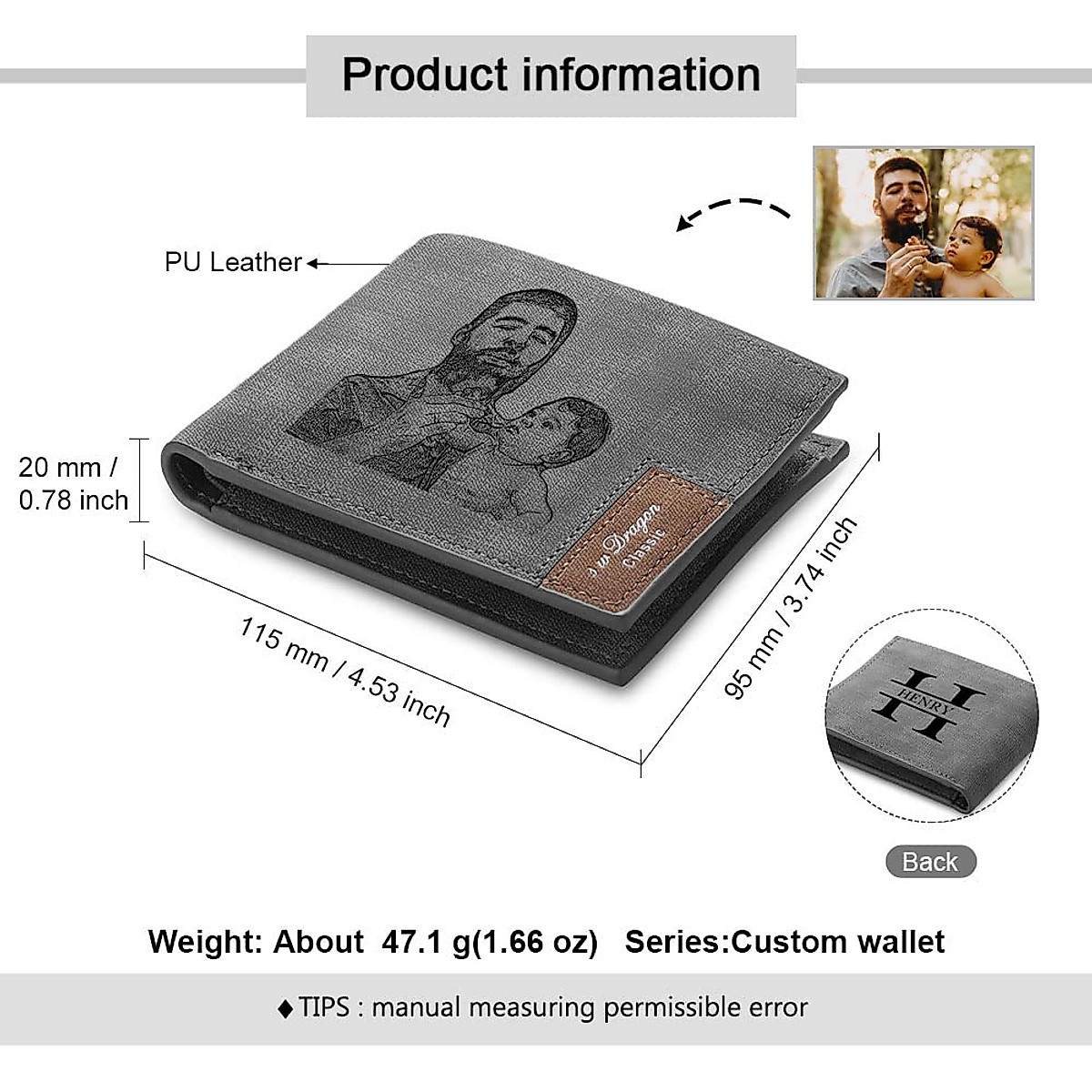 REMFACIO Custom Mens Wallets Photo Engraved Leather Wallets for Men Personalized Wallets for Men Birthday Valentines Day Gifts (Gray)