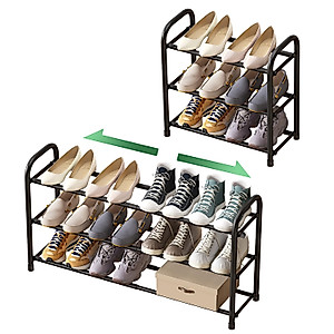 kiplant Shoe Rack for Closet, 3-Tier Expandable Shoe Organizer for Closet, Metal Adjustable Black Shoe Shelf Storage Organizer, Free Standing Shoe Rack for Entryway Closet Doorway