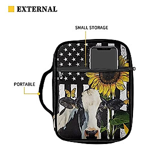 Belidome USA Bible Cover for Women Girl American Flag with Sunflower Cow Print Bible Case Tote Bag for Book Carrying Church Library Accessories Patriotic Fourth of July Independence Day Gifts