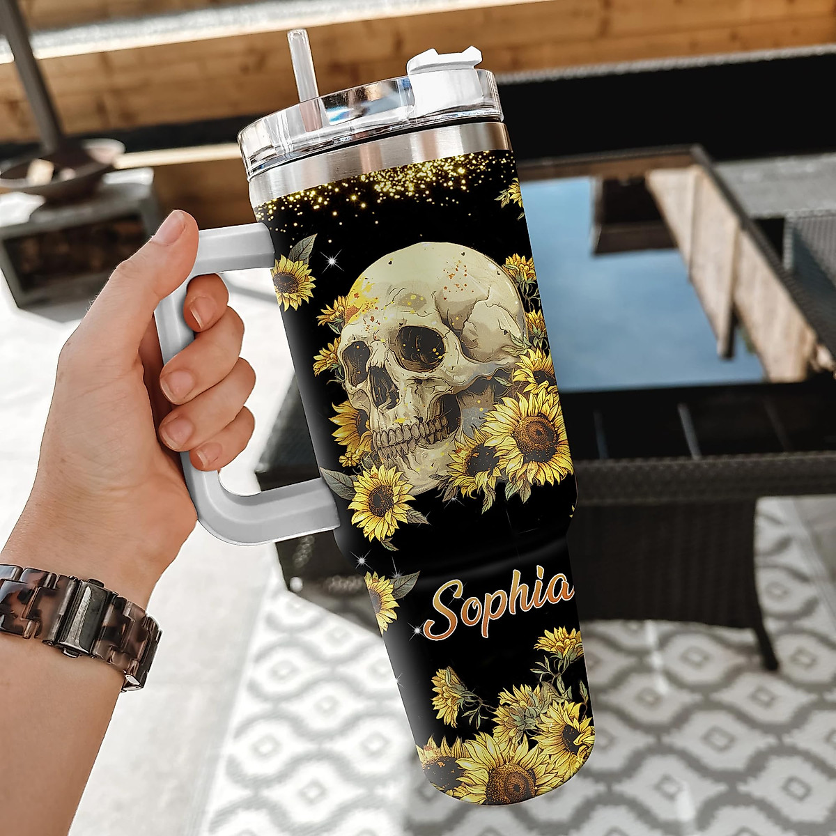 Hyturtle Personalized Gothic Skull Tumbler - Skeleton Lover Gift - Horror Lover Halloween Holiday Cup for Women - Spooky Custom Travel Coffee Tumbler 40oz With Lid and Straw