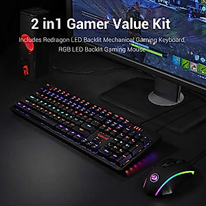 Redragon S117 Gaming Keyboard Mouse Combo Mechanical RGB Rainbow Backlit Keyboard Brown Switches RGB Gaming Mouse for Windows PC Gamers (104 keys)