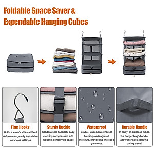 Caroeas Portable Hanging Travel Shelves Bag Suitcase Organizer Carry-on Closet Packing Cubes for Travel, 4-Shelf Suitcase Closet with 2 Hooks, Large Capacity, Gray