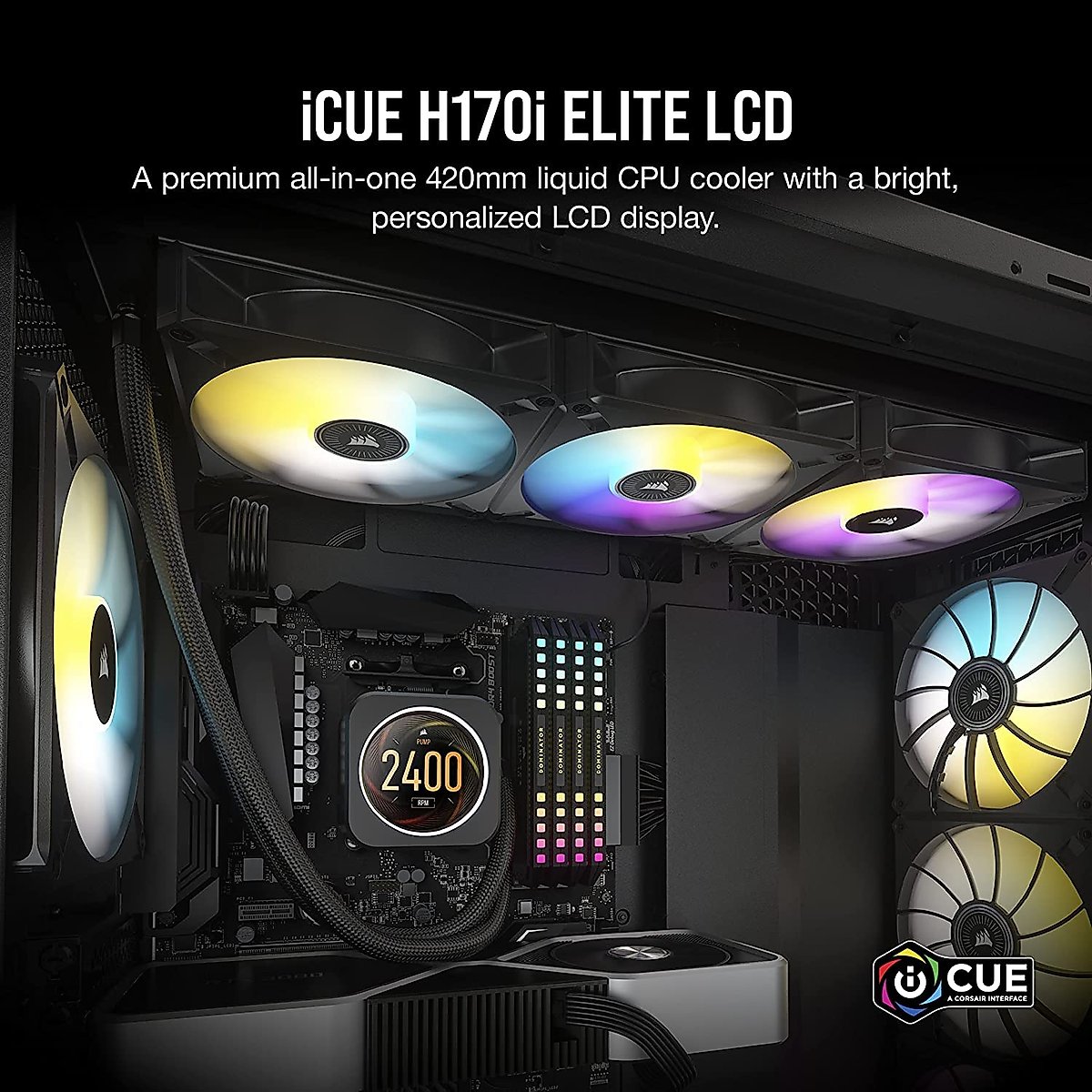 CORSAIR iCUE H170i ELITE LCD Display Liquid CPU Cooler-Custom IPS LCD Screen-48 Dynamic RGB LEDs-140mm Fans -420mm Radiator-COMMANDER CORE Smart Lighting Controller