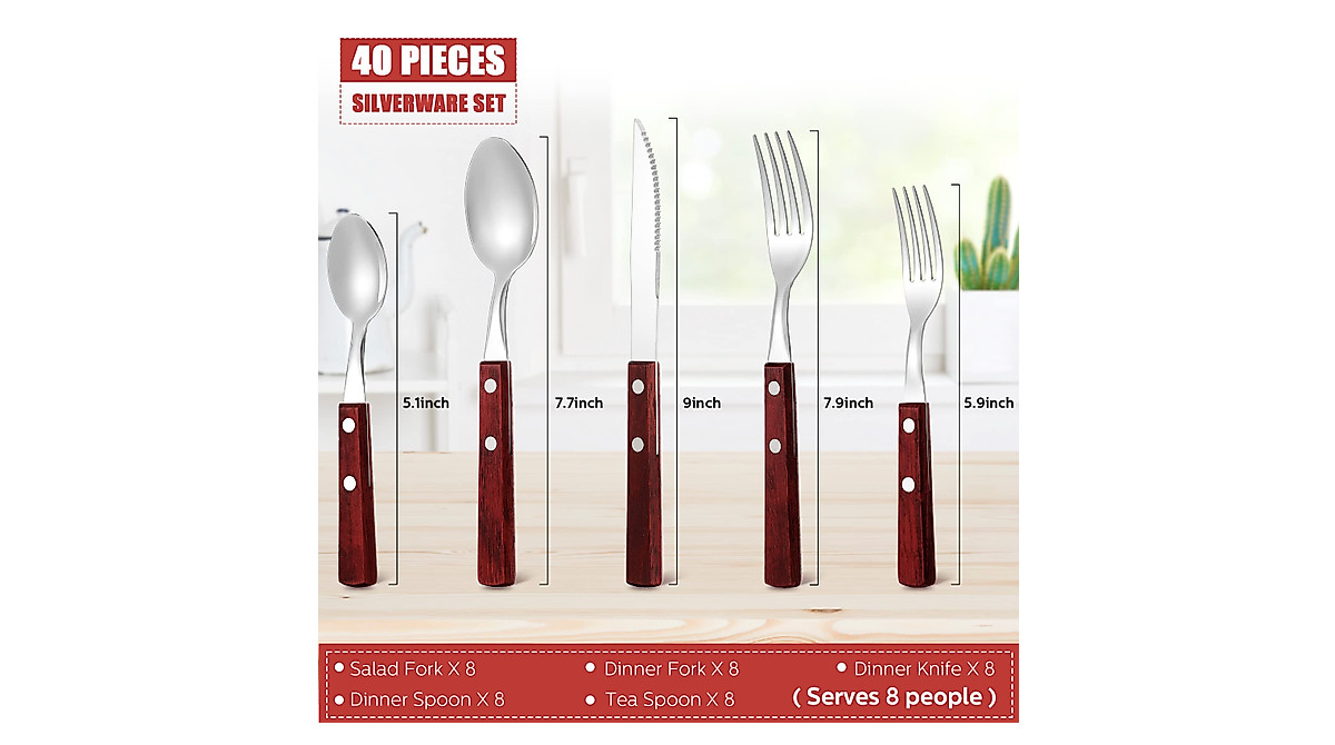 40-Pc Walnut Handle Cutlery Set | Elegant Dining Utensils