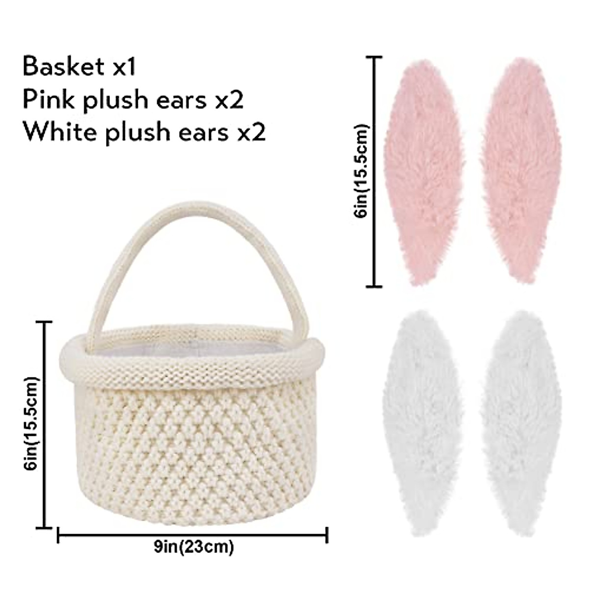 LimBridge Easter Decoration, Knitted Basket with 2 Different Sets of Bunny Ears Spring Wicker Easter Baskets for Easter Eggs Hunt, Candy and Gifts, Boys and Girls, Party Supplies