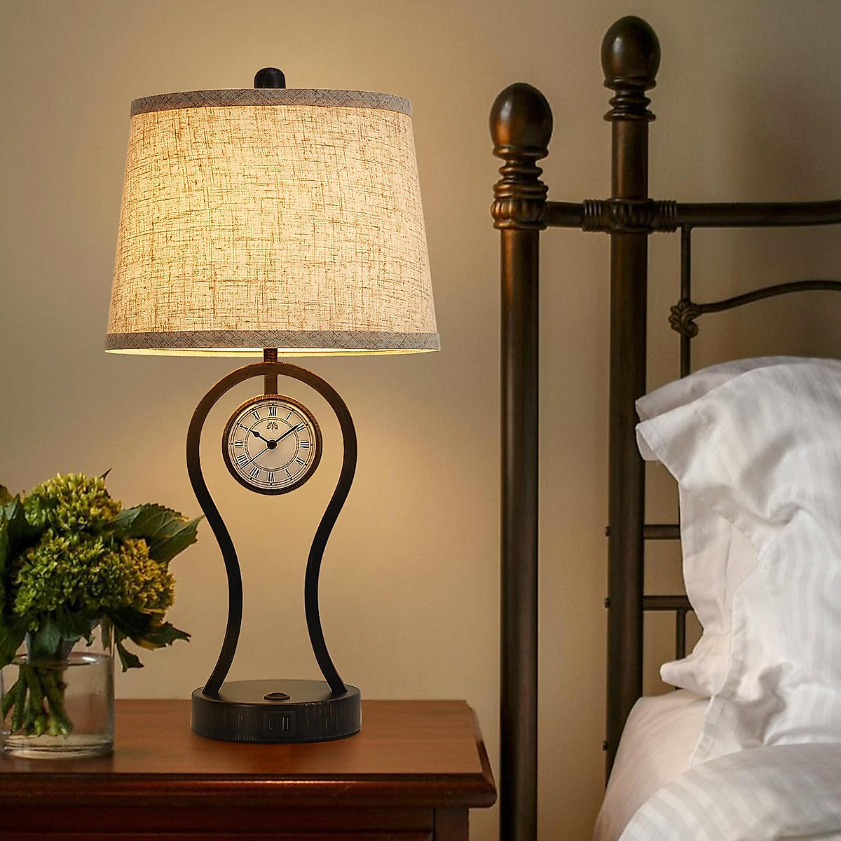 Luvkczc Vintage Clock Lamp, Black Metal with USB Charging Ports, LED Bulbs Included, 3-Year Warranty