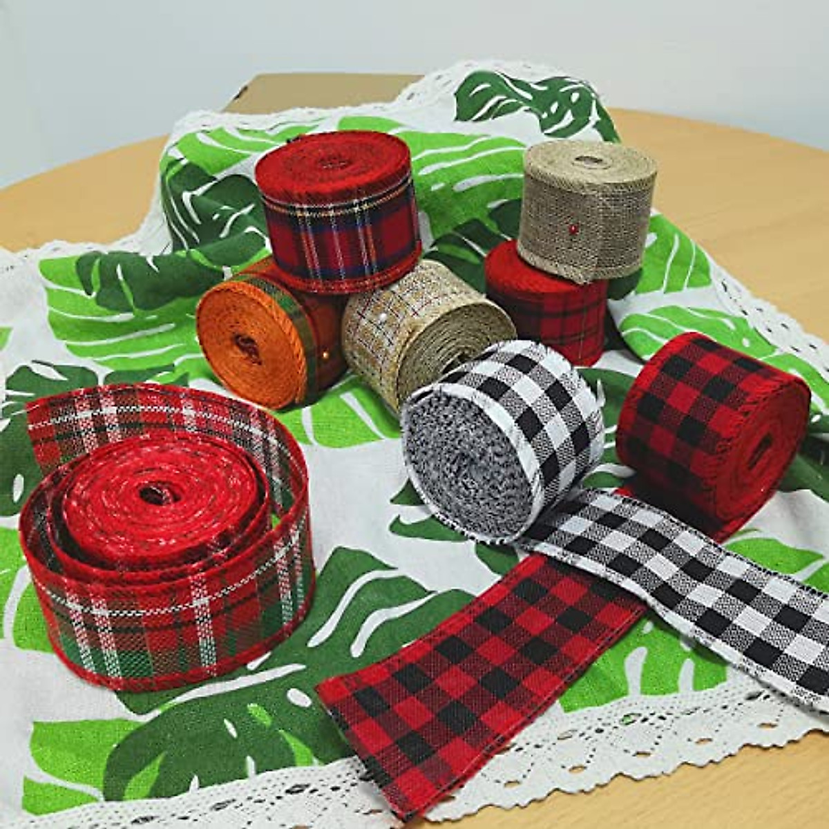Wired Edge Buffalo Plaid Ribbon and Fabric Burlap Ribbon for DIY Craft Wrapping Christmas Decoration 6.56 Yard (2.36 inch, Red&Green Plaid, 1 Roll)