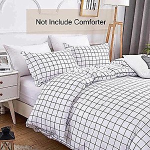 Nanko Queen Duvet Cover Set Grid, 90x90 Soft Bedding Cover, Luxury Cool Lightweight Microfiber 3pc Set (1 Cover 2 Pillowcase) with Zip, Tie - Modern Style Bed Quilt Cover for Decor, Plaid White