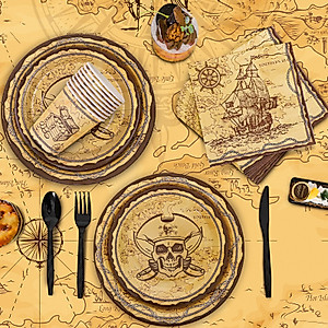 Durony 169-Piece Pirate Tableware Set - Pirate & Treasure Theme Birthday Party Supplies - Plastic Tablecloth, Plates, Napkins, Cups & Favors - Treasure Map Decors