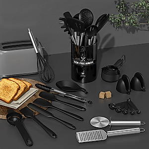 Silicone Kitchen Cooking Utensils Set-Umite Chef 43 pcs Heat Resistant Kitchen Utensils, Black Kitchen Gadgets Tools Set with Stainless Steel Handles for Non-Stick Cookware