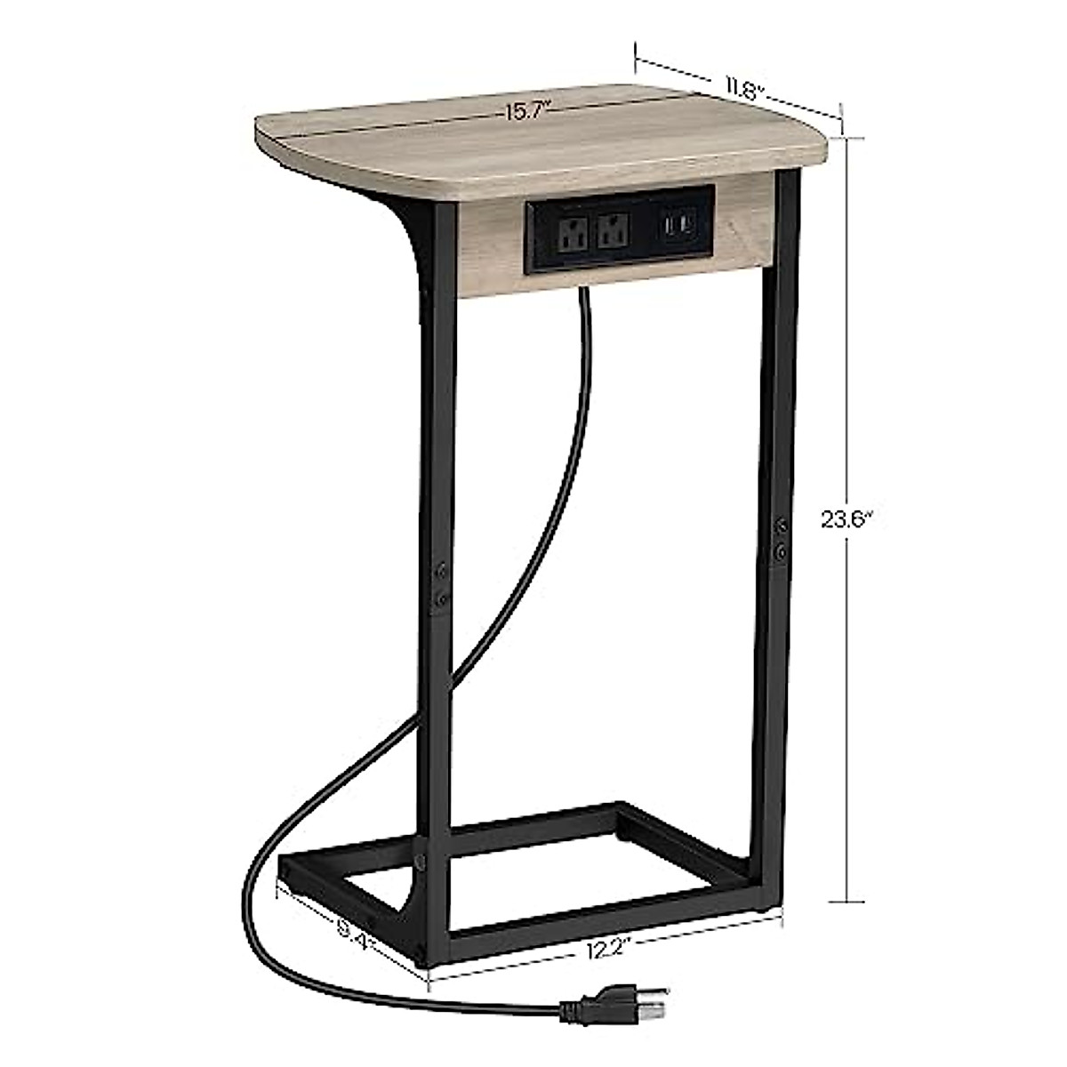 Hzuaneri C Shaped End Table with Charging Station, Bed Side Table with USB Port & Outlet, Couch Table, C Snack Table for Living Room, Bedroom, Greige and Black ET05105B