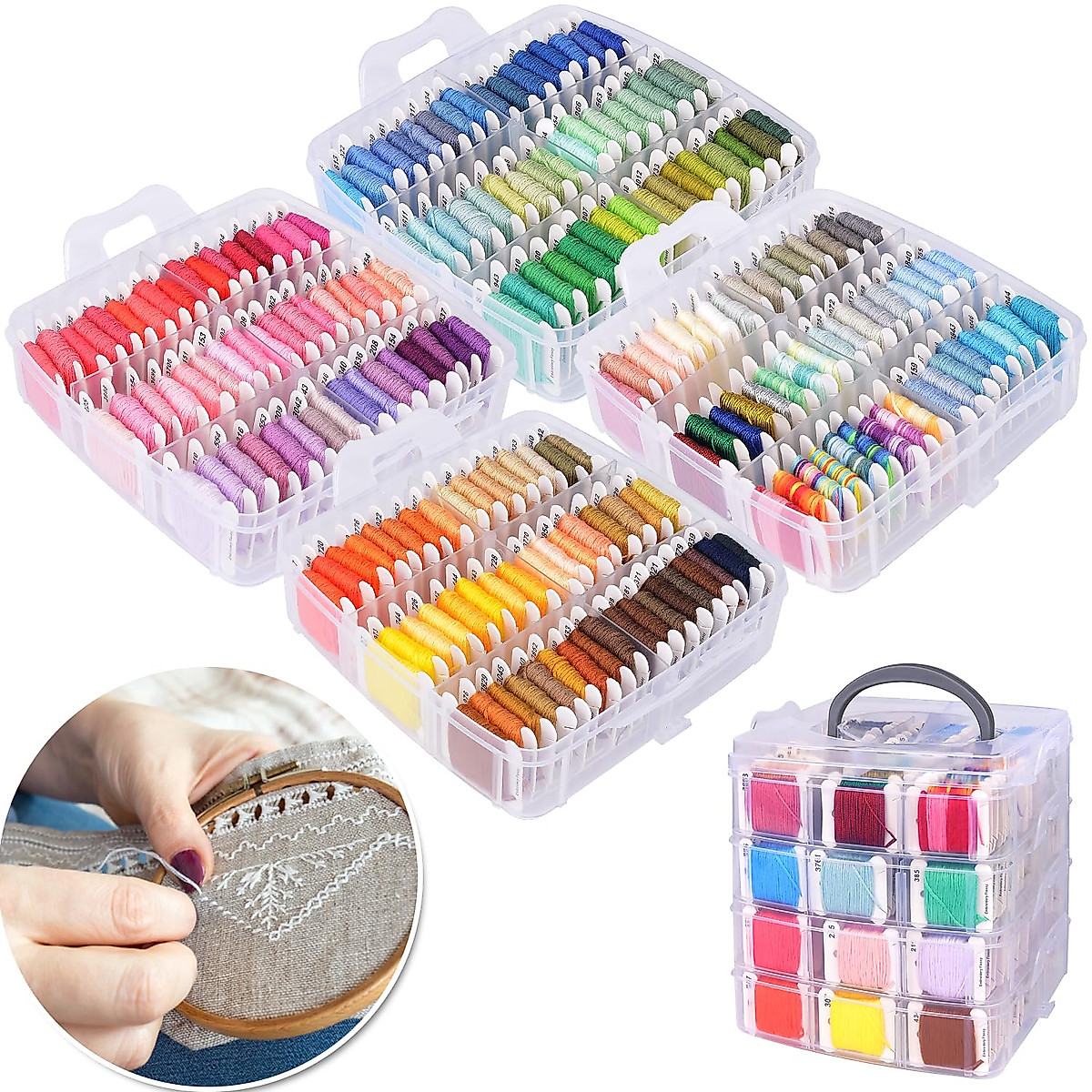 VICOVI Embroidery Thread Kit Including 200 Skeins Embroidery Floss 30 Skeins White & Black Embroidery Thread Cross Stitch Tool for Friendship Bracelets Arts DIY Crafts with 4-Tier Transparent Box