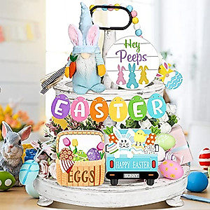 Bucherry 15 Pieces Easter Tiered Tray Decor Easter Decor Farmhouse Easter Decorations Rustic Bunny Rabbits Eggs Wooden Spring Sign for Home Table Kitchen
